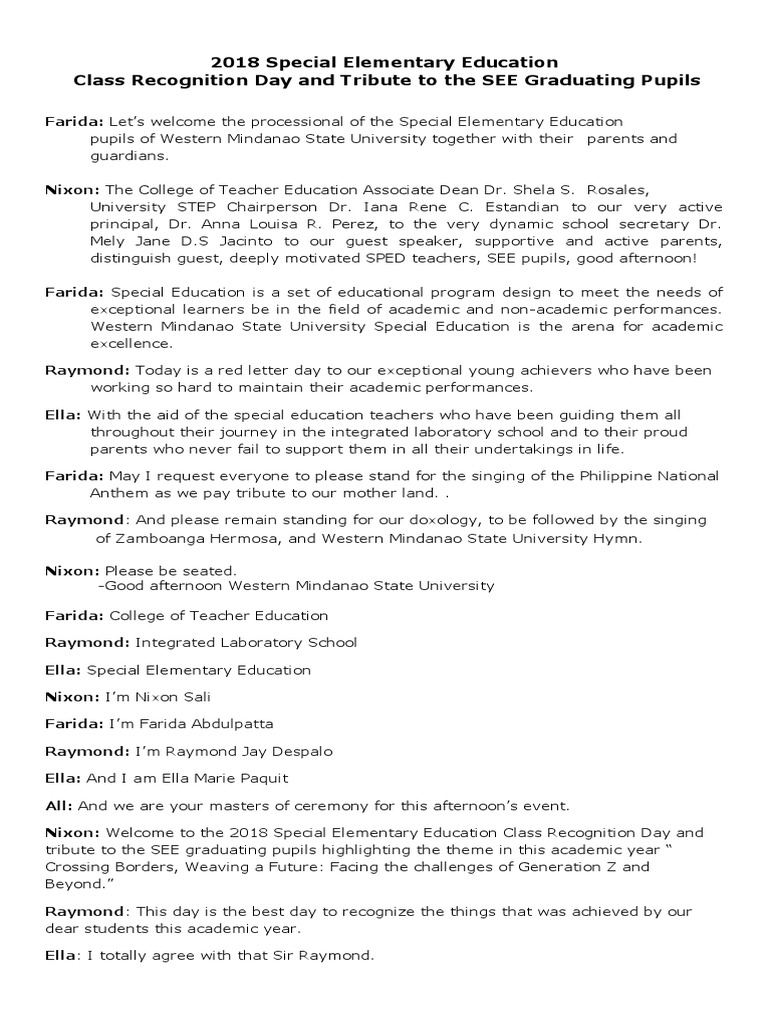 SPED Recognition Day Script | PDF | Learning | Behavior Modification