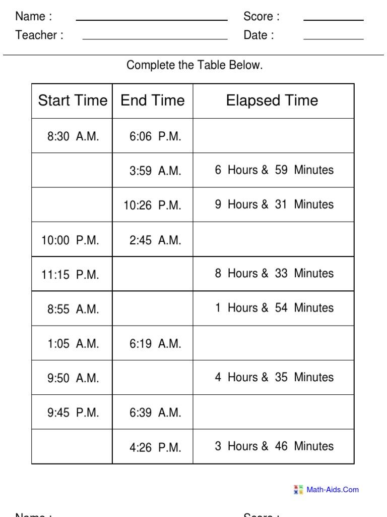 Elapsed Time Table