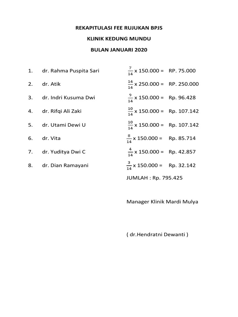 Rekapitulasi Fee Rujukan BPJS | PDF
