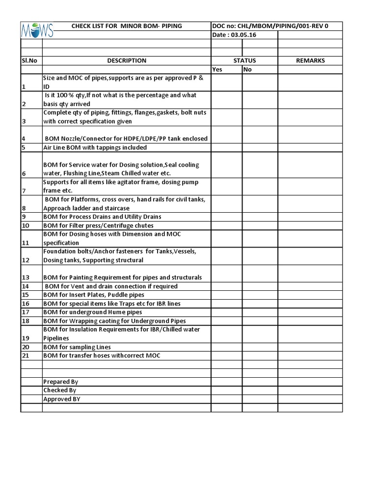 Check List For Piping | PDF | Technology & Engineering