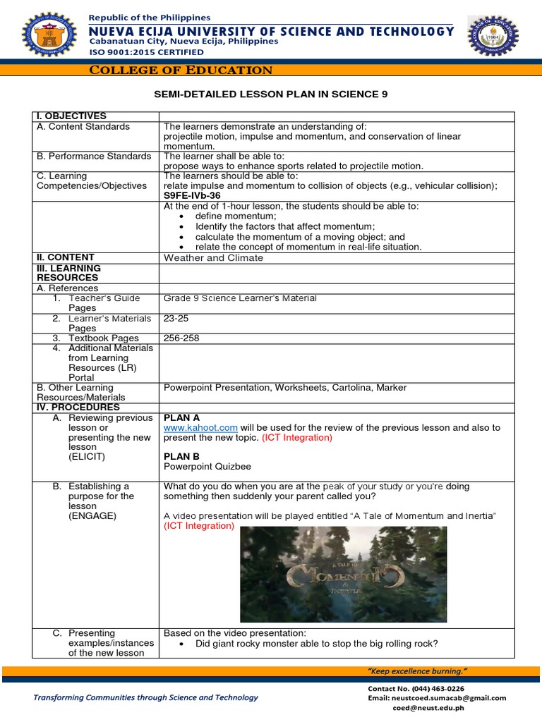 Semi Detailed Lesson Plan in Science 9 | PDF | Momentum | Collision