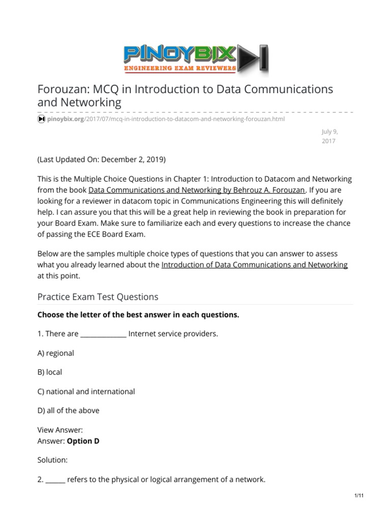Chapter 1 MCQs in Introduction To Data Communication | PDF | Network Topology | Duplex ...