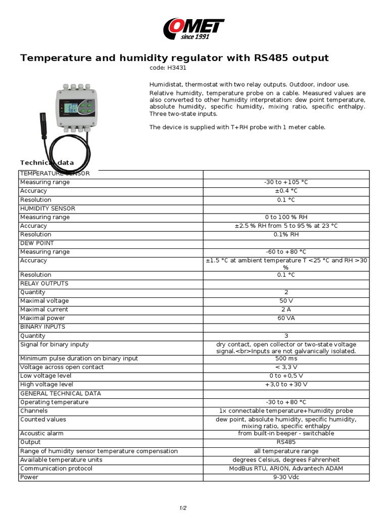 Comet Datasheet H3431 | PDF | Relative Humidity | Celsius