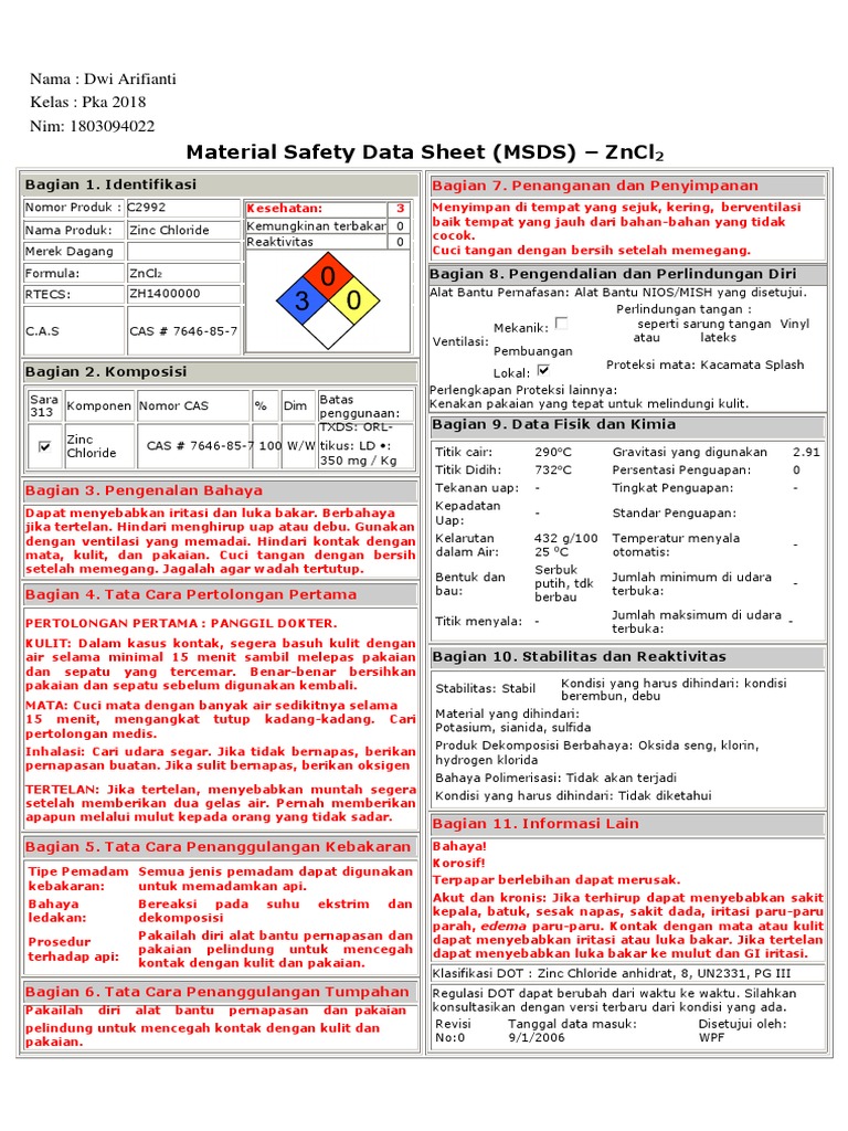 MSDS Zinc Chloride: Penanganan & Risiko | PDF