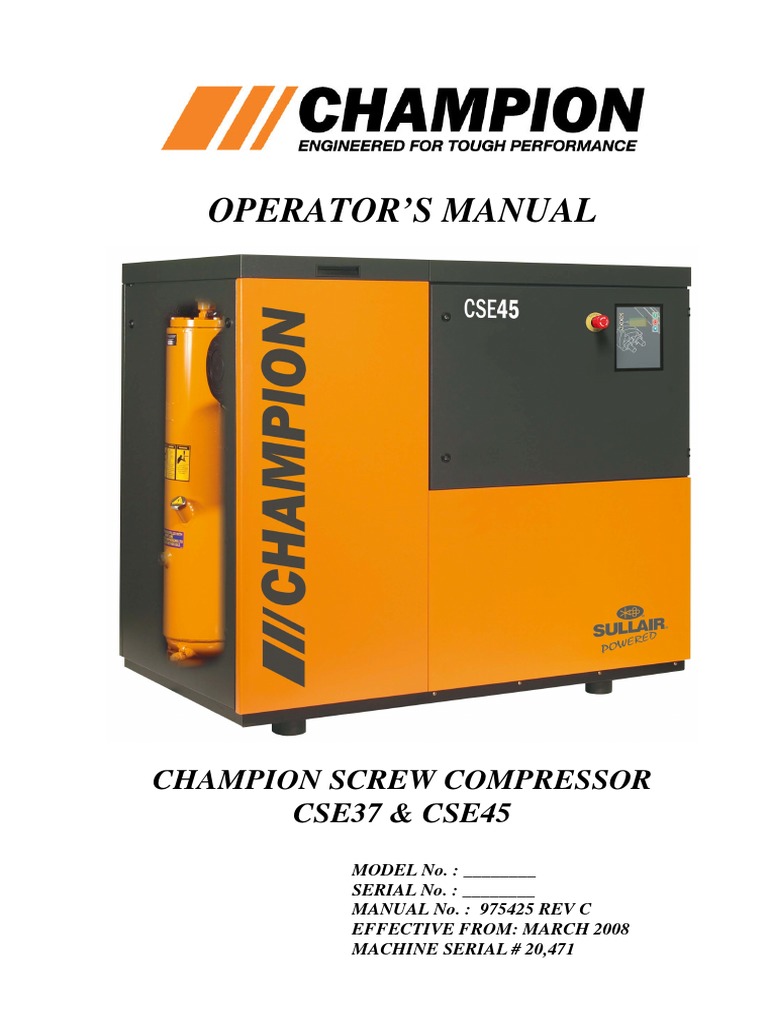 Operator Manual for Champion Screw Compressor | PDF | Valve | Motor Oil