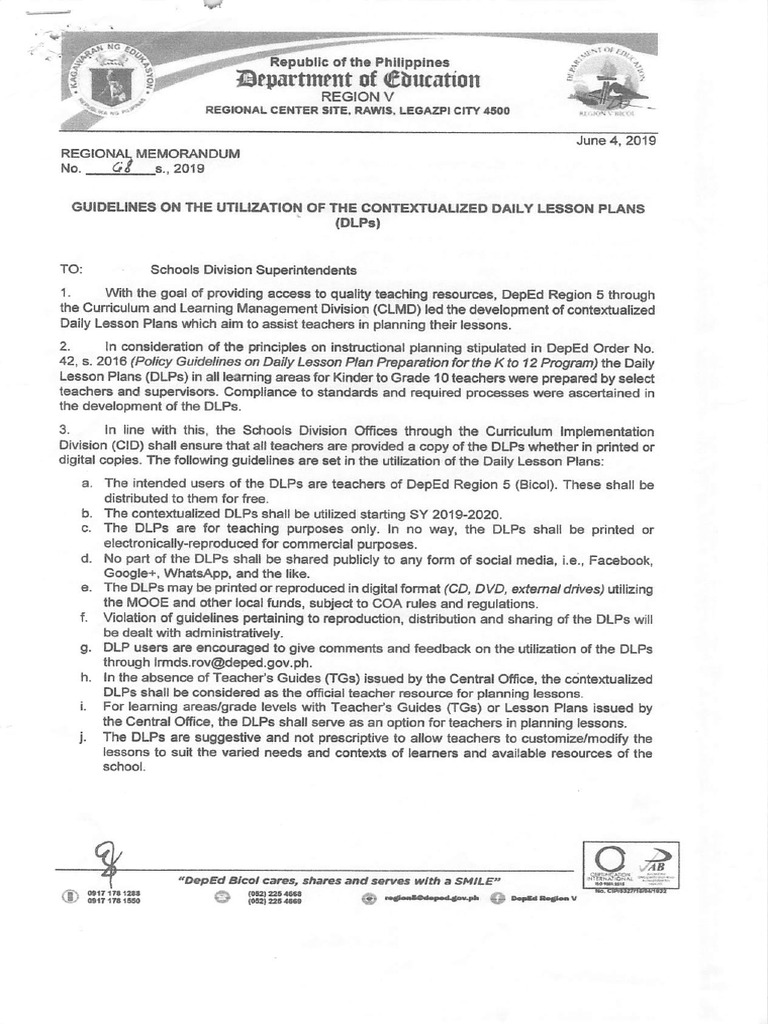 GUIDELINES ON THE UTILIZATION OF THE CONTEXTUALIZED DAILY LESSON PLANS (DLPS) PDF