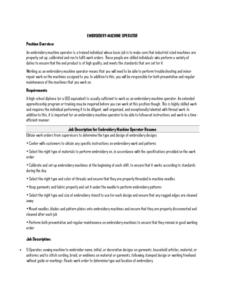 Embroidery Machine Operator | PDF | Embroidery | Sewing