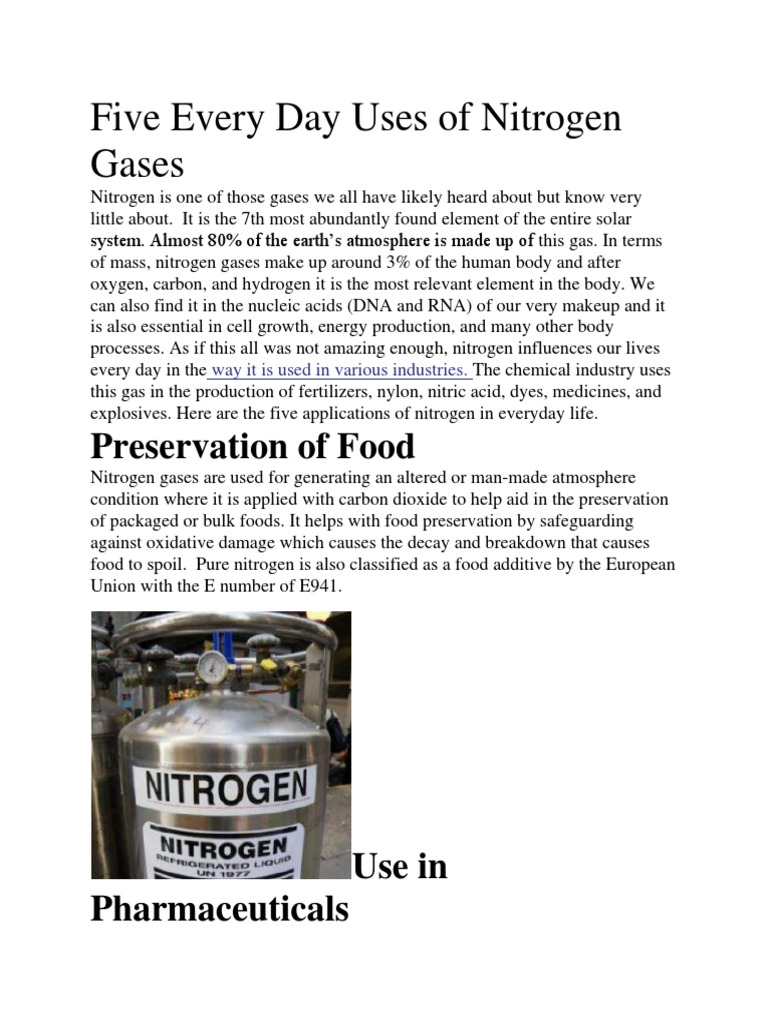 Five Every Day Uses of Nitrogen Gases | PDF | Nitrogen | Atoms