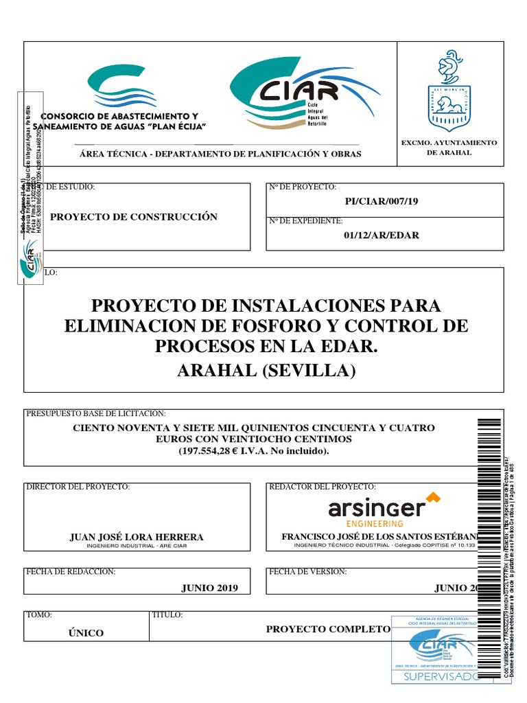 Otros - Proyecto - PI - CIAR - 007 - 19 Eliminación P-N EDAR - Arahal - SPV PDF | PDF | Sevilla ...