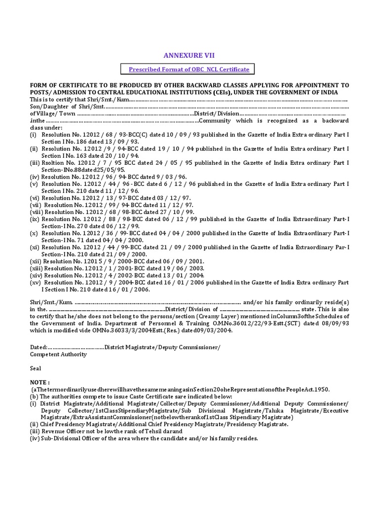 Format for Issuing Certificates to Other Backward Classes Applying for ...