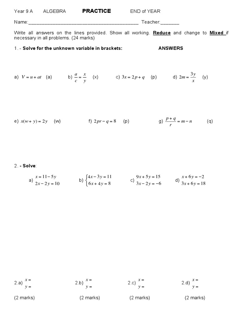 EndofYearAlg Y9a PRACTICE | PDF | Equations | Teaching Mathematics