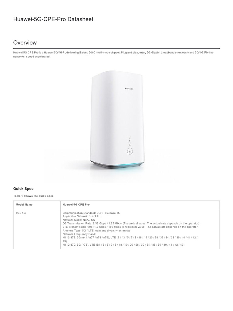 Huawei 5g Cpe Pro h112 370 372 Datasheet PDF | PDF | 4 G | Ieee 802.11