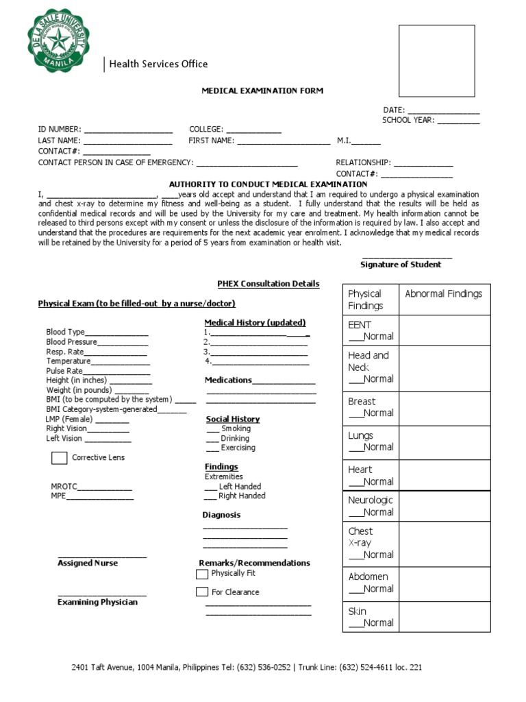 Medical Physical Exam Form