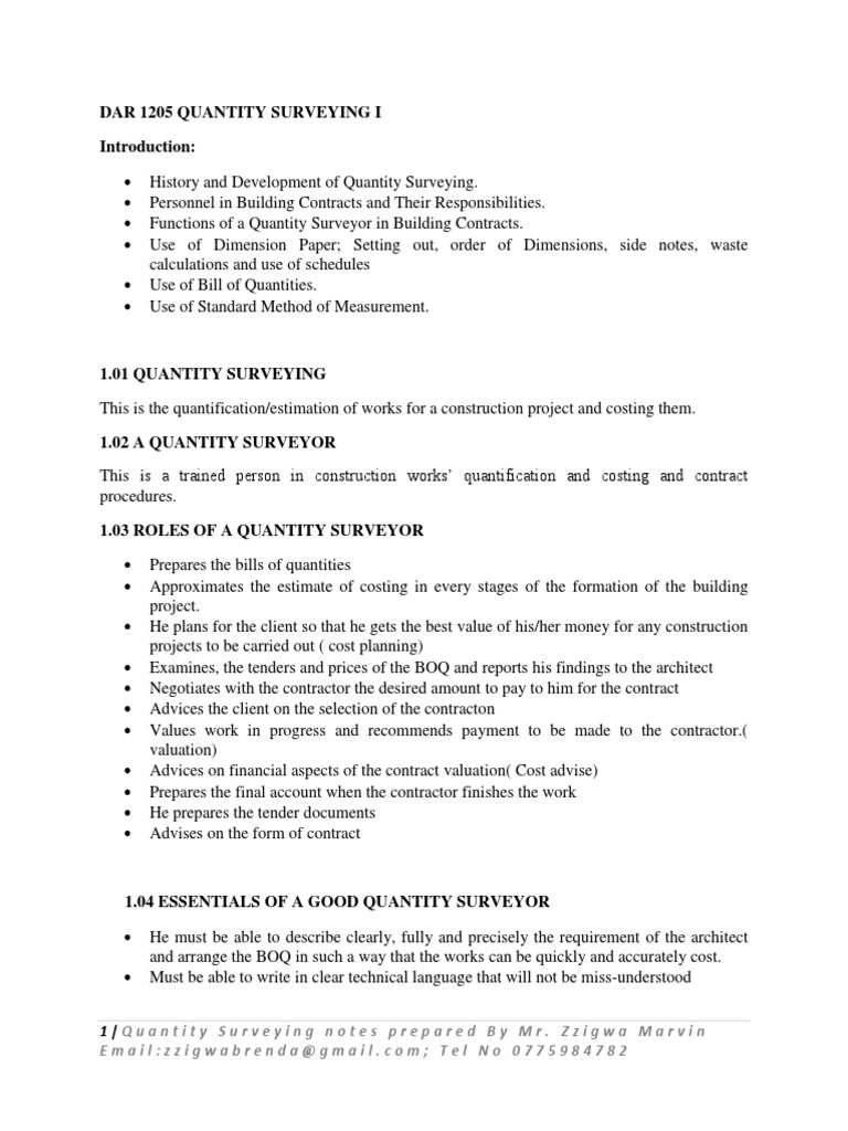 Introduction To Quantity Surveying | PDF | Specification (Technical Standard) | Architect
