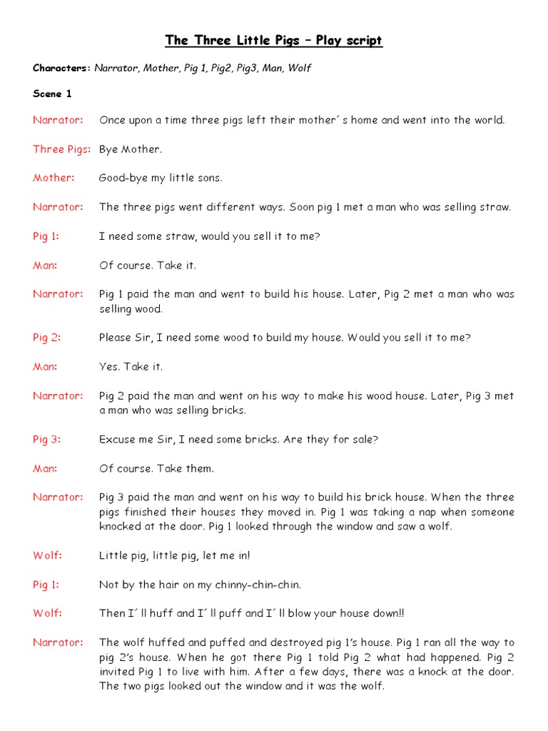 The Three Little Pigs Play Script | PDF