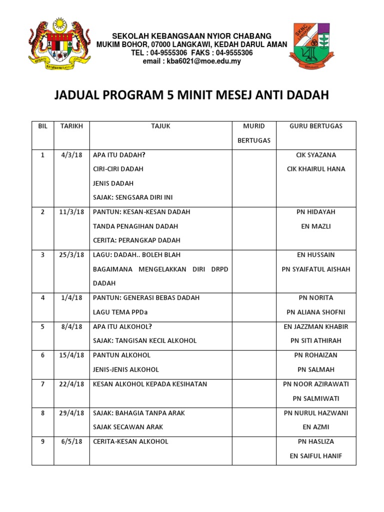 Jadual Program 5 Minit Mesej Anti Dadah | PDF