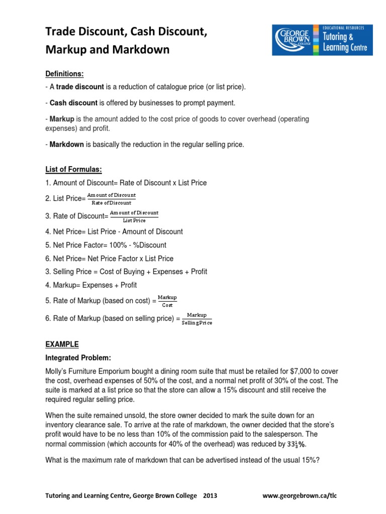 Discounts, Markup and Markdown | PDF | Discounts And Allowances | List ...