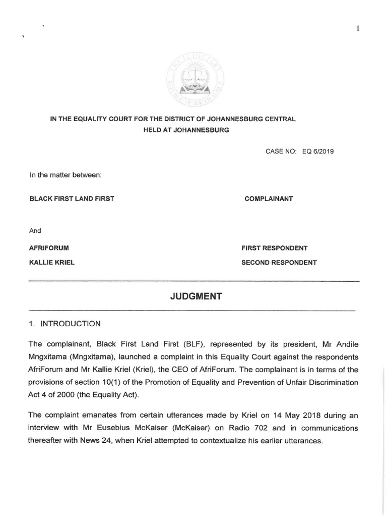 Black First Land First V AfriForum & Kallie Kriel (EQ 6/2018) Judgment ...