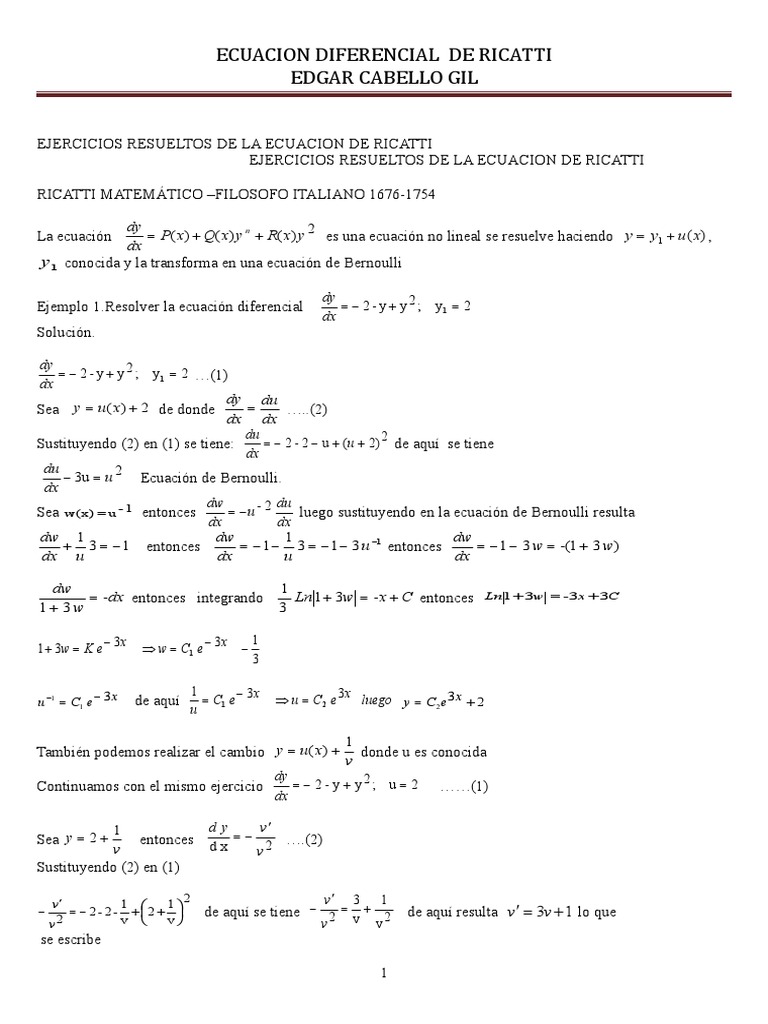 Ecuación de Ricatti | PDF | Ecuaciones | Ecuaciones diferenciales