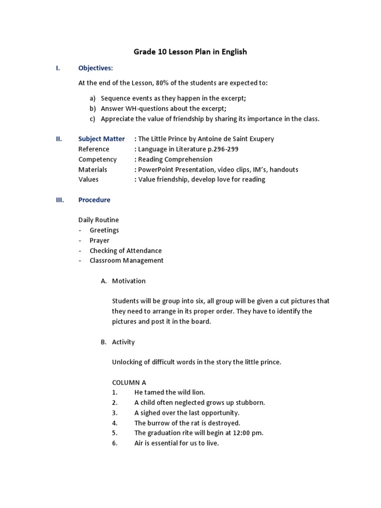 Lesson Plan (The Little Prince) | PDF | The Little Prince | Lesson Plan