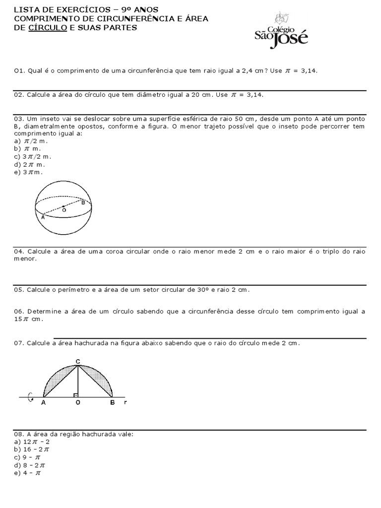 Lista de exercícios sobre cálculo de comprimento de circunferência, área de círculo e suas ...