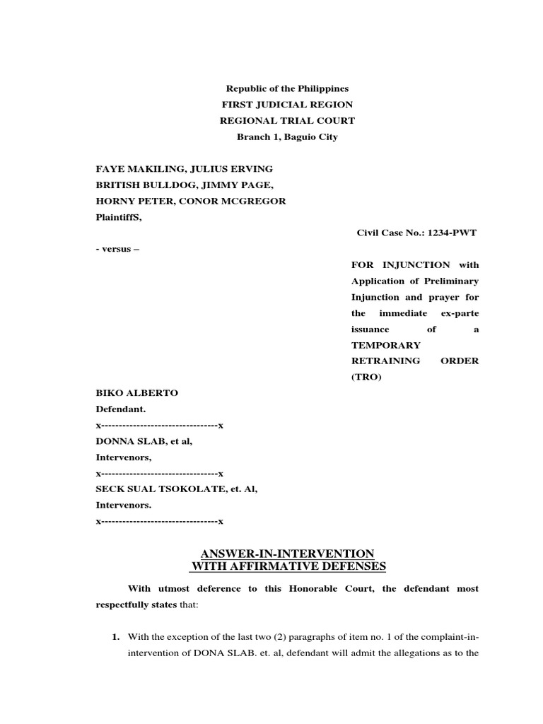 Answer in Intervention | PDF | Injunction | Complaint