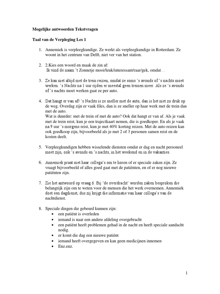 De Taal Van de Verpleging Suggesties Bij de Tekstvragen PDF | PDF