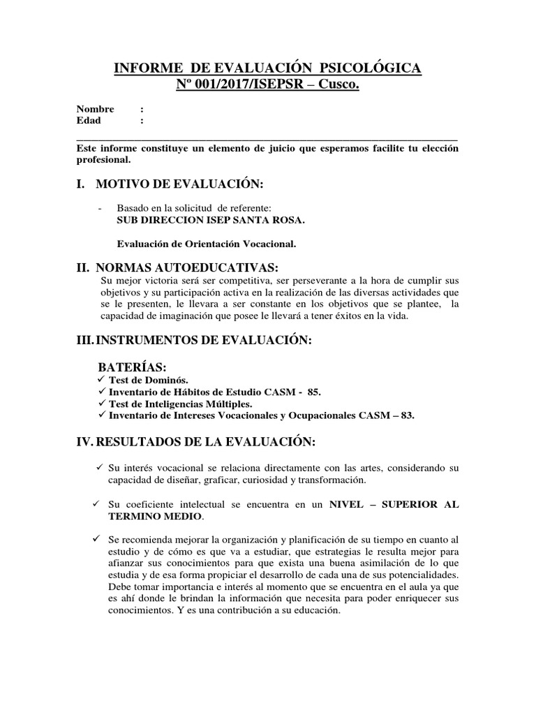 Informe Psicològico de Una Adolescente | PDF | Evaluación | Inteligencia