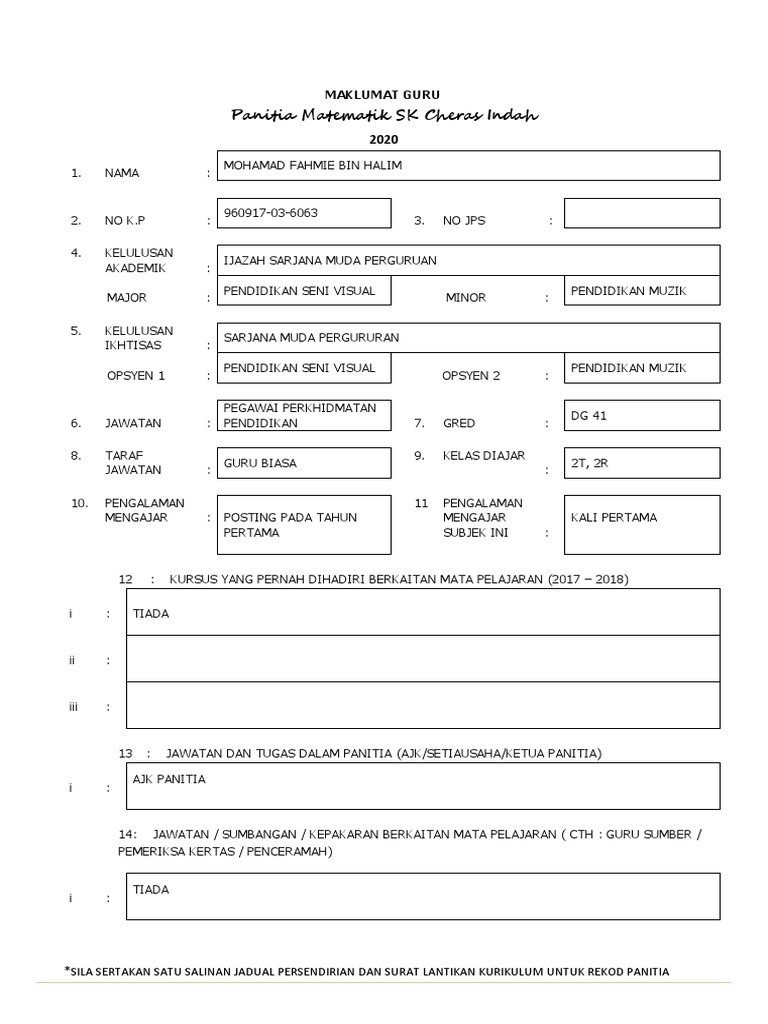Borang-Maklumat-Guru Panitia | PDF
