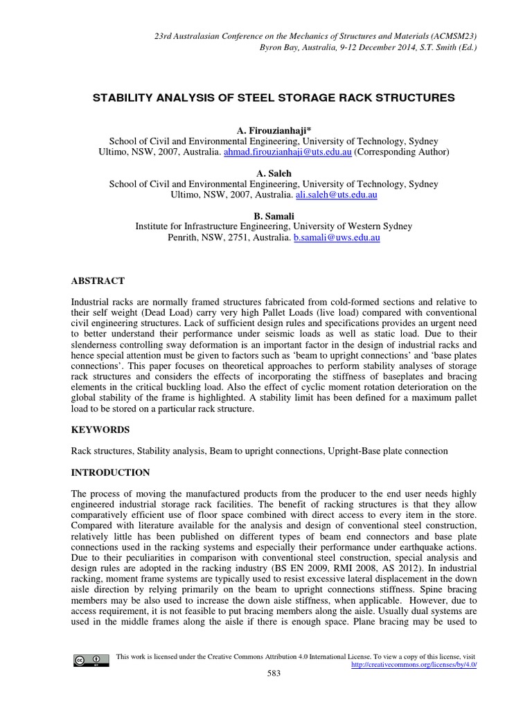 Stability Analysis of Steel Racks | PDF | Beam (Structure) | Bending