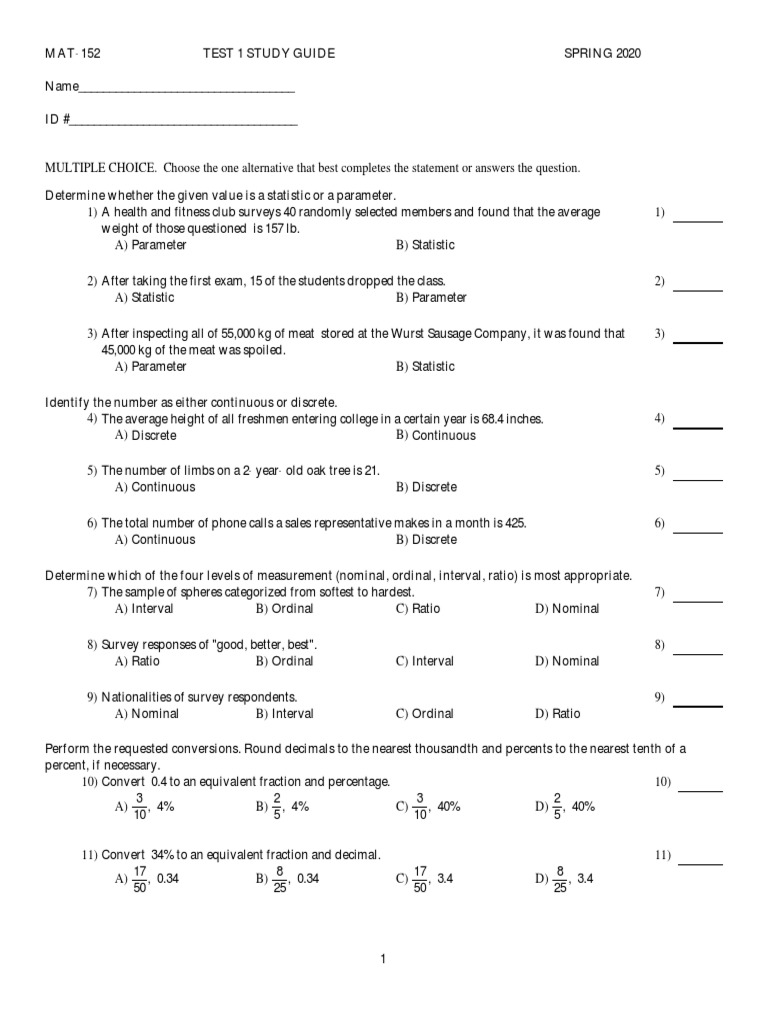 MAT-152 Test 1 Study Guide | PDF | Sampling (Statistics) | Histogram