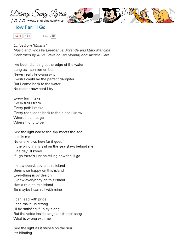 How Far I'll Go Lyrics From Disney's Moana - Disney Song Lyrics | PDF