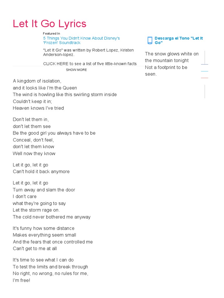 Idina Menzel - Let It Go Lyrics - MetroLyrics | PDF