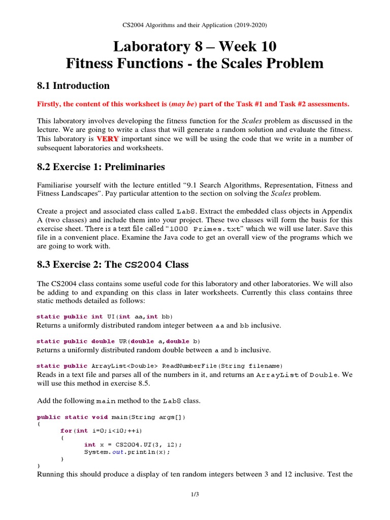 CS2004 Worksheet 8 - Scales and Fitness Functions (2019-2020) | PDF