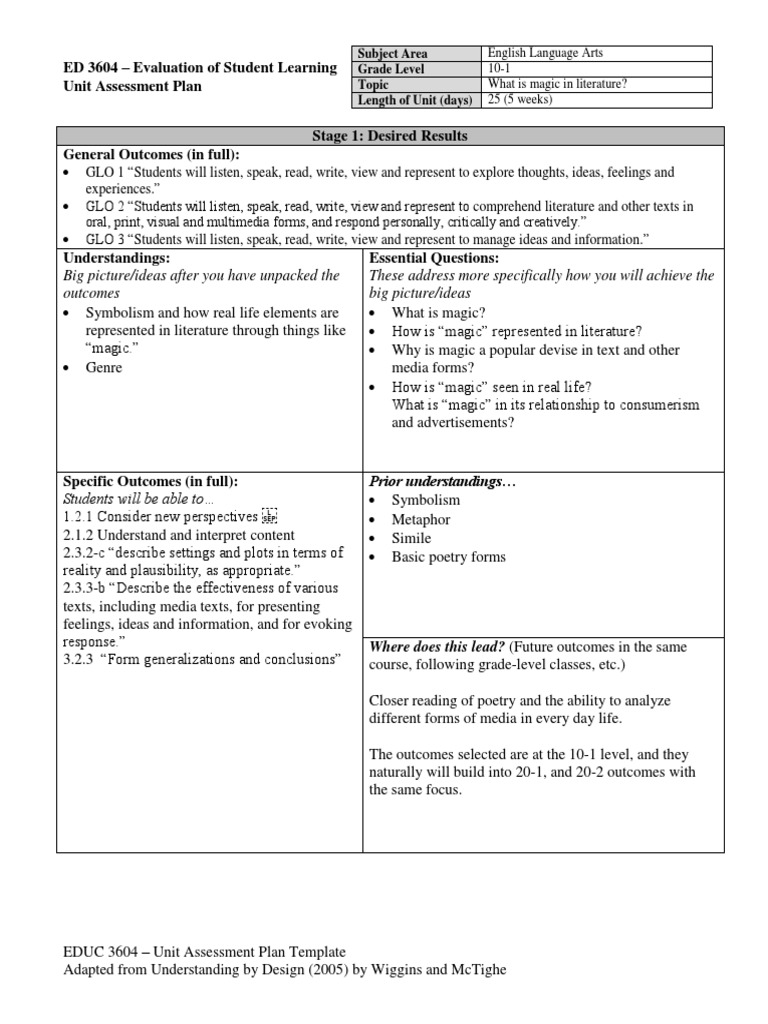 Unit Assessment Plan | PDF | Educational Assessment | Educational ...