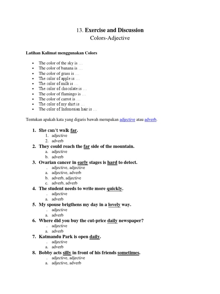Document Providing Examples of Adjectives Describing Colors and ...