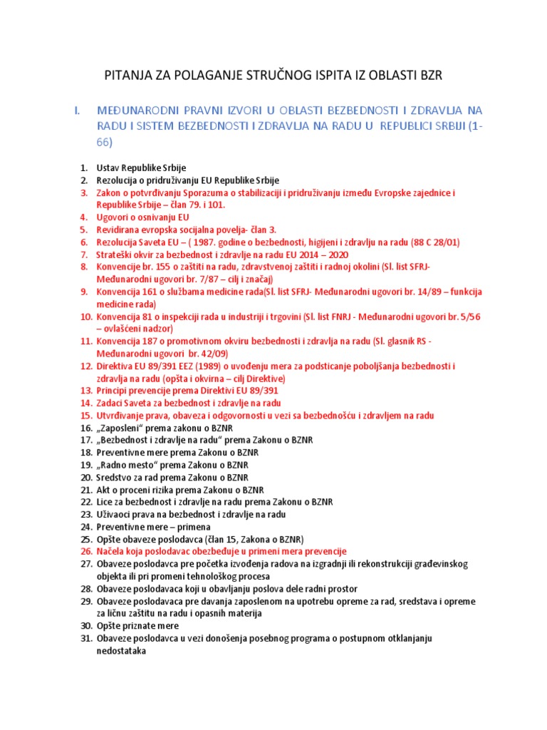 Kompletna Pitanja Za Polaganje Stručnog Ispita Iz Oblasti BZR | PDF