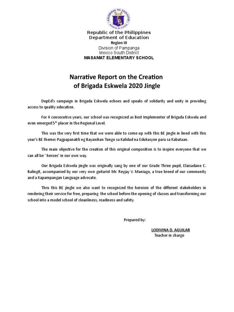 Narrative Report On The Creation of Brigada Eskwela 2020 Jingle | PDF