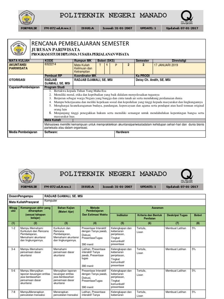 RPS Akuntansi Pariwisata Sem 2 | PDF