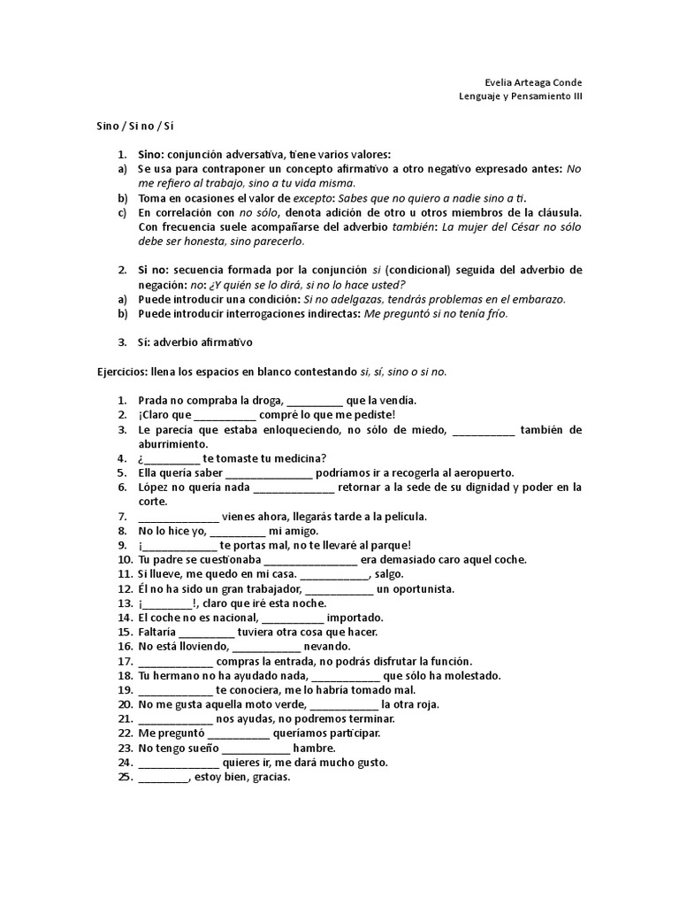 Uso de "sino", "si no" y "sí" en español | PDF | Morfología Lingüística ...