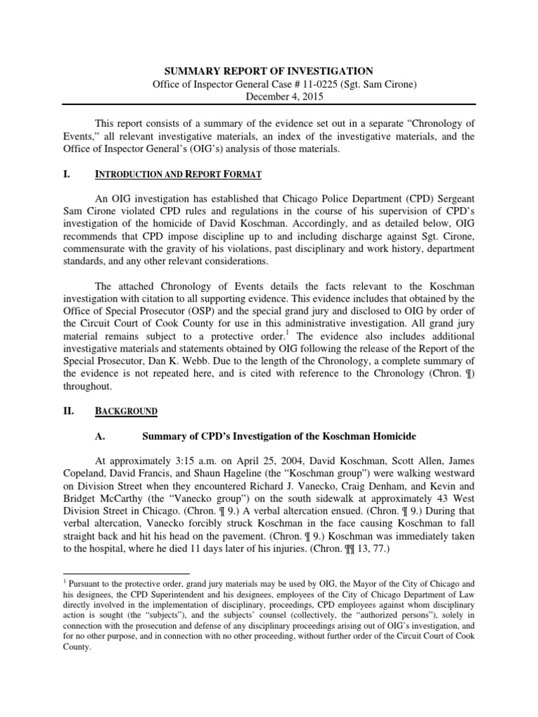 Office of The Inspector General Koschman Report - Sgt. Sam Cirone | PDF ...