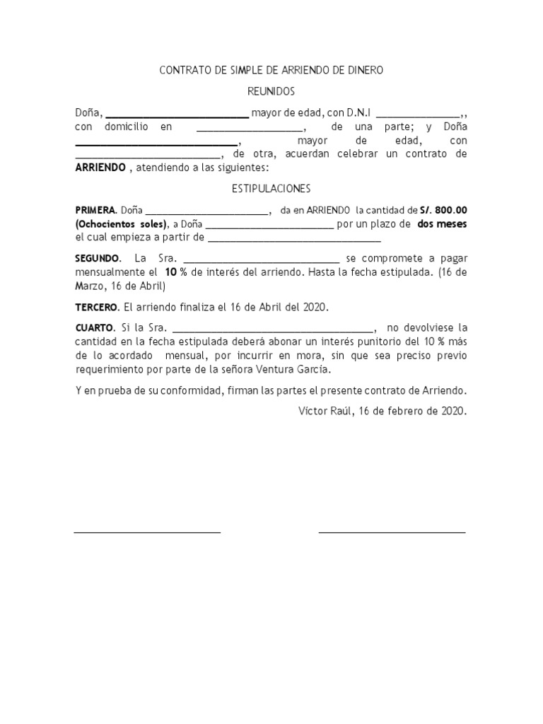 CONTRATO DE SIMPLE DE ARRIENDO DE DINERO