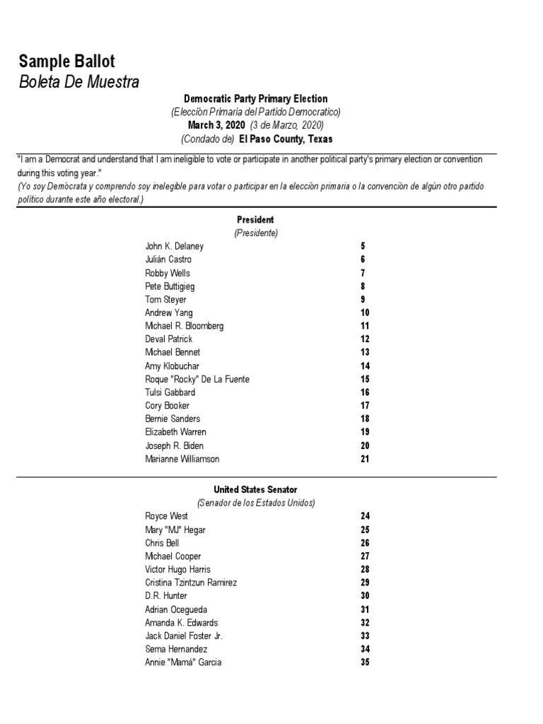 Democratic Party Sample Ballot | PDF