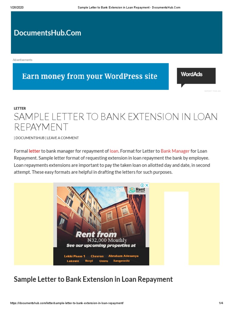 Sample Letter To Bank Extension in Loan Repayment | PDF | Loans ...
