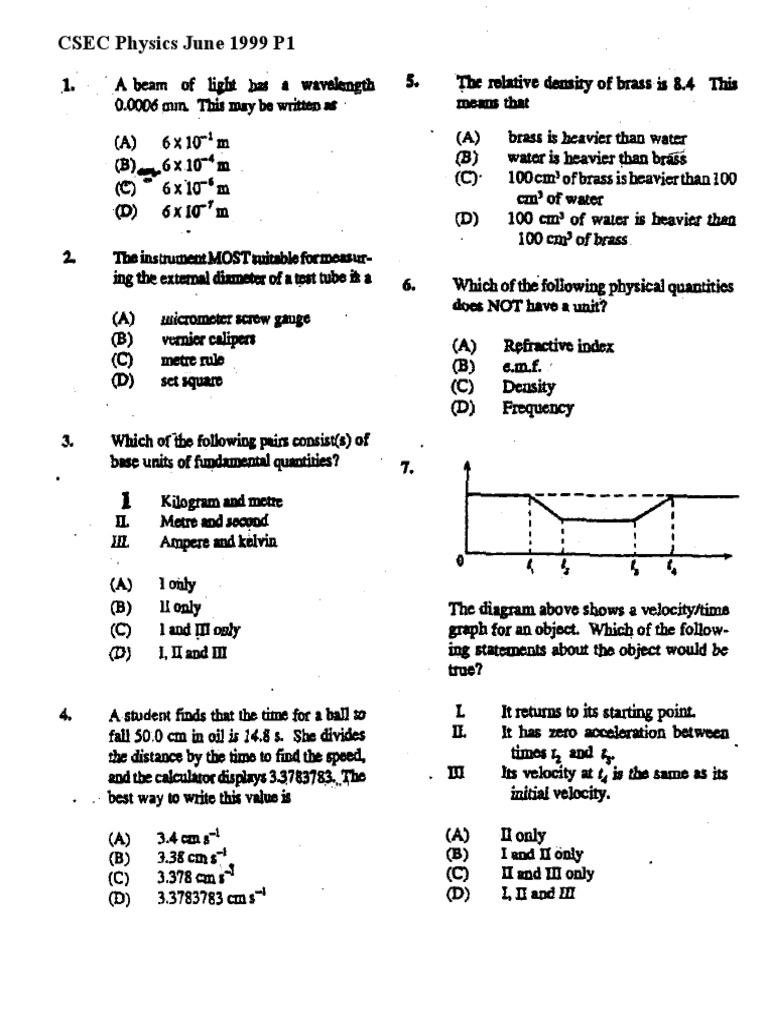 CSEC Physics June 1999 P1 | PDF | Motion (Physics) | Physics