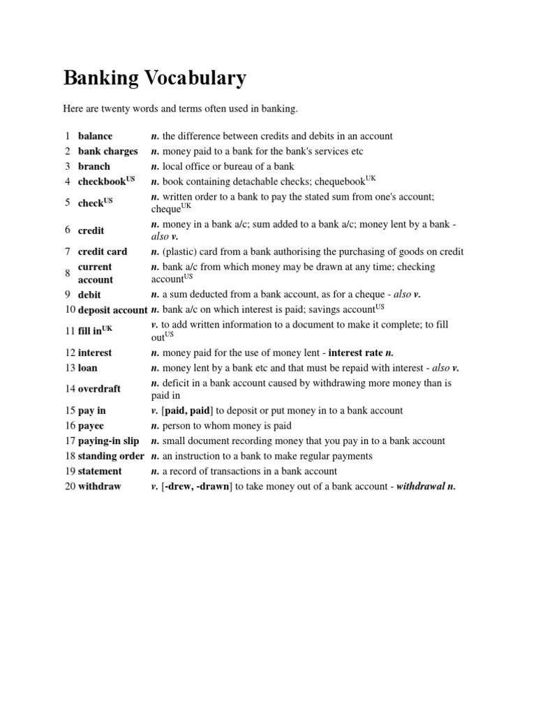 Banking Vocabulary | PDF | Finance & Money Management