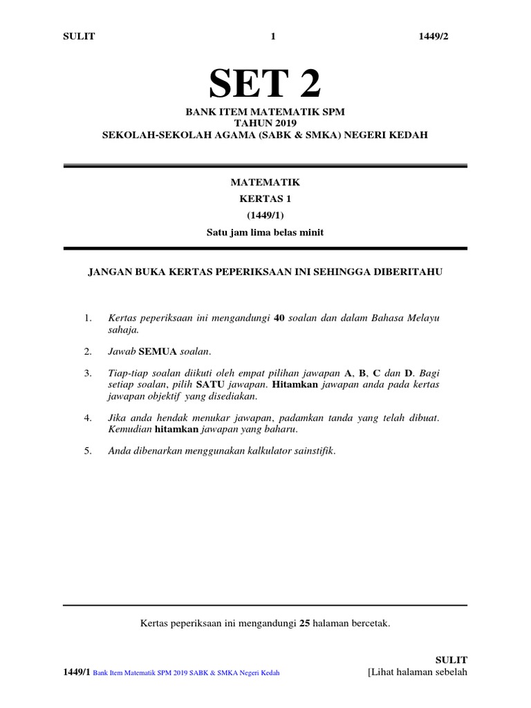 MATEMATIK K1 (SET 2) - SABK & SMKA Kedah 2019 PDF | PDF