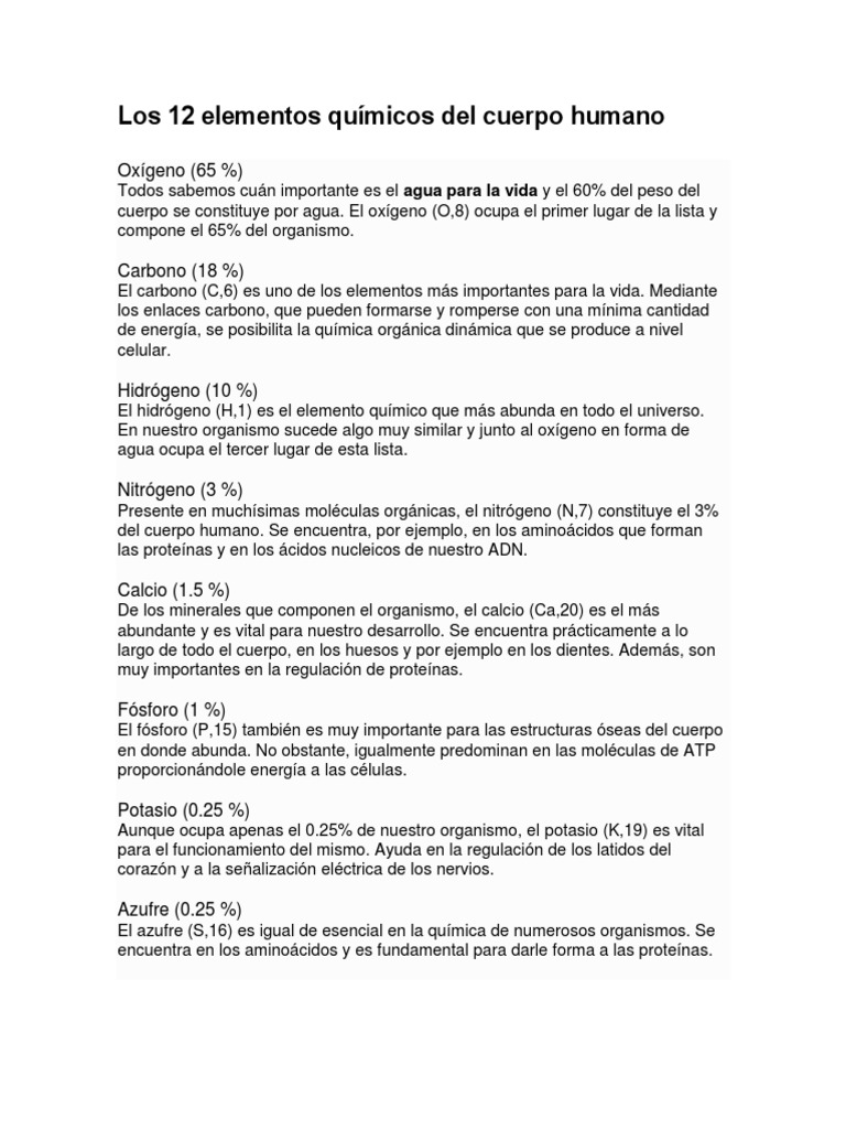 Los 12 Elementos Químicos Del Cuerpo Humano | PDF | Organismos | Cuerpo ...