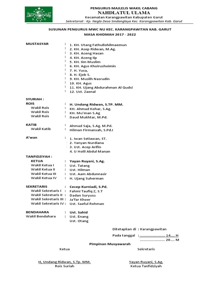 SUSUNAN PENGURUS MWC Dan RANTING NU KEC. KARANGPAWITAN | PDF