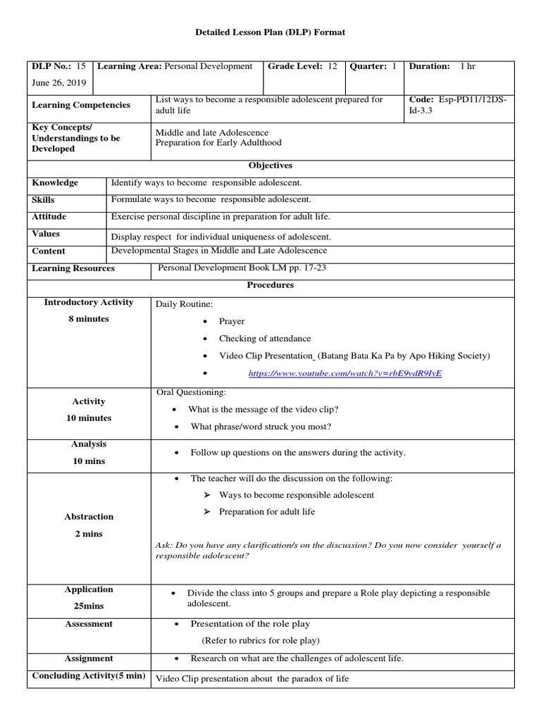 DLP 15 | Download Free PDF | Adolescence | Lesson Plan